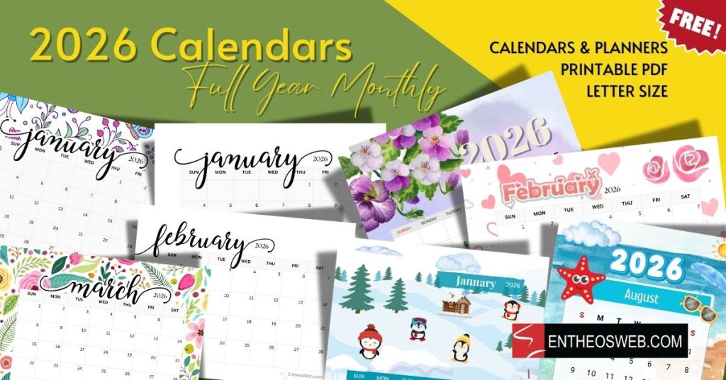 Free 2026 Full Year Monthly Printable Calendars | EntheosWeb
