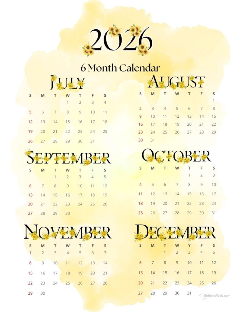 July to December 2026 – 6 Month Calendar Printable » EntheosWeb