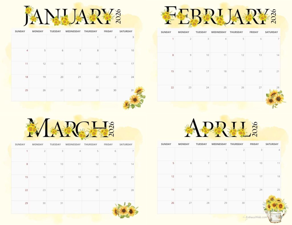 Sunflowers 2026 Monthly & 2/ 4/ 6 Month Printable Calendars & Planner ...