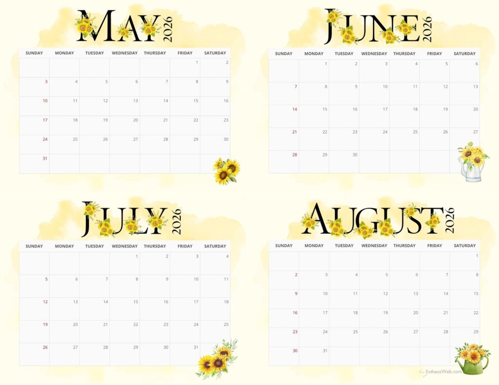 Sunflowers 2026 Monthly & 2/ 4/ 6 Month Printable Calendars & Planner ...