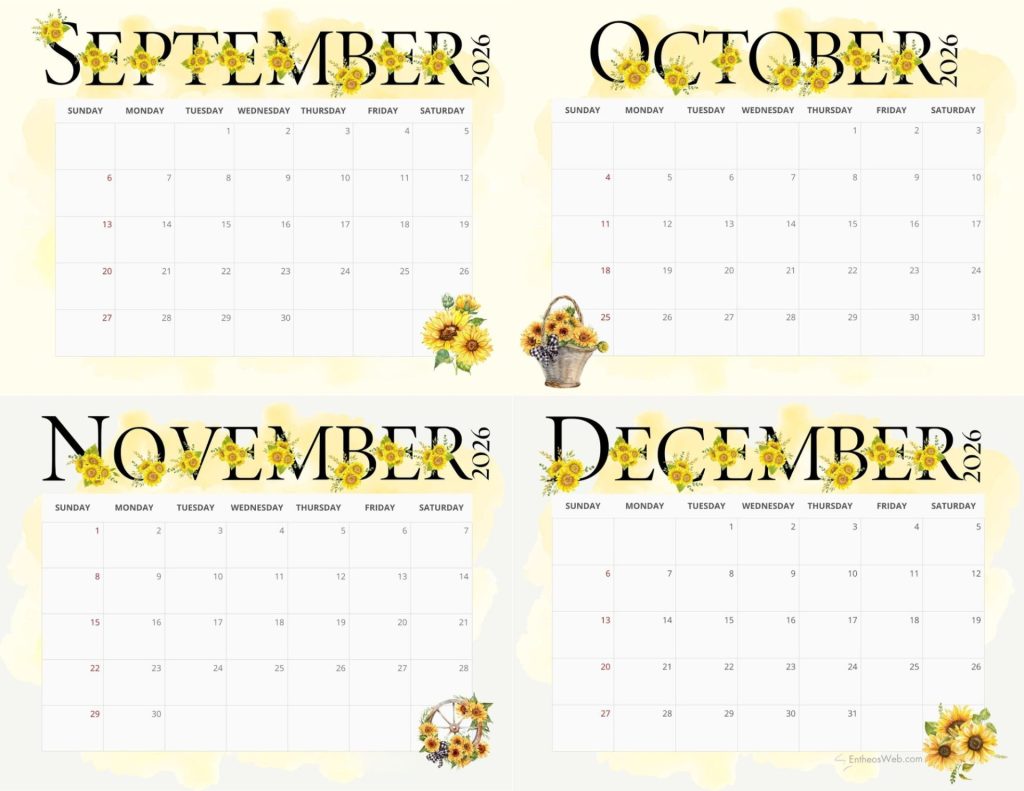 4 month Printable Calendars – September, October, November and December ...