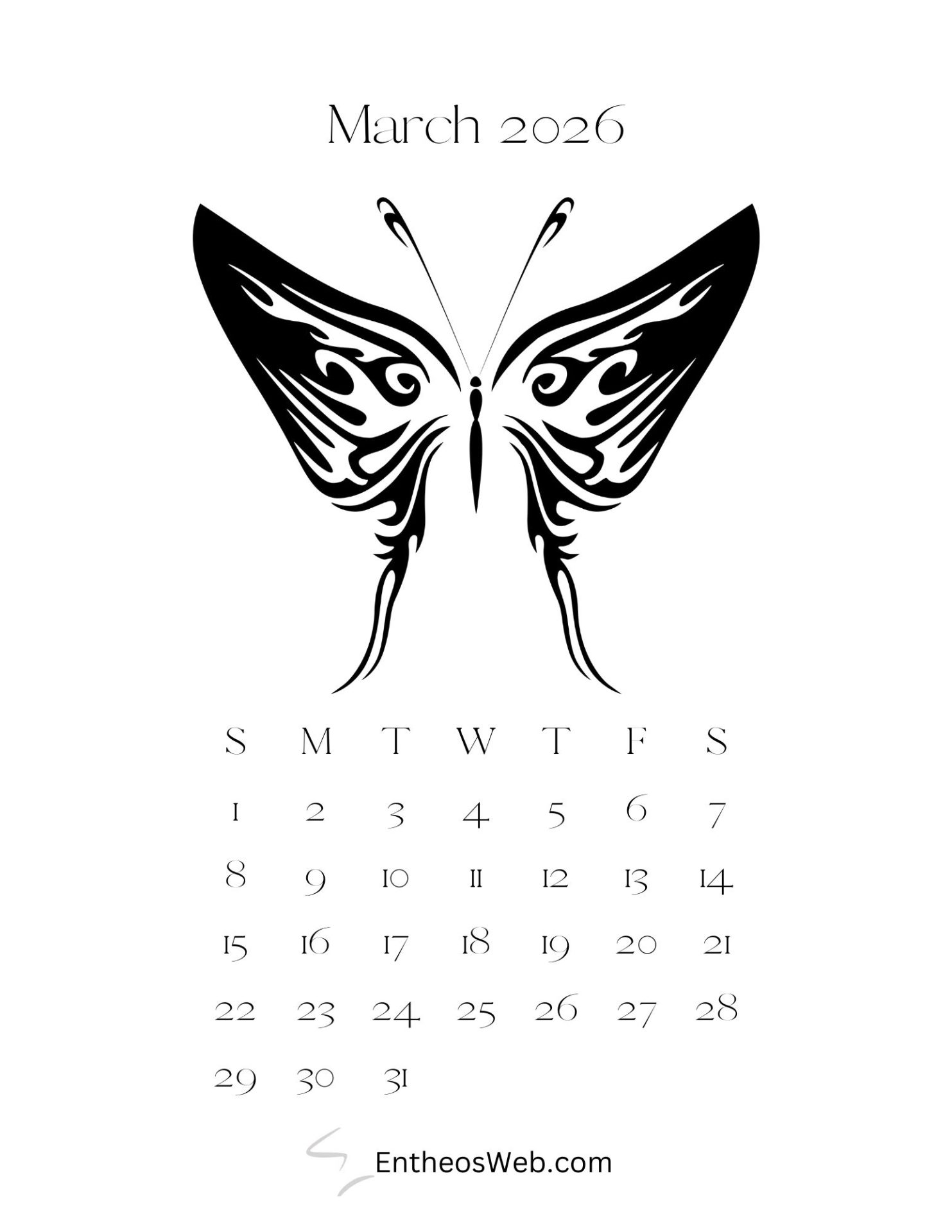 Vivid Contrast 2026 Monthly Vertical Printable Calendar | EntheosWeb
