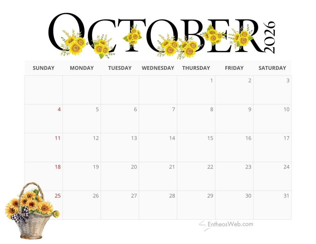 Free Printable Monthly Calendar 2026 Sunflowers | EntheosWeb