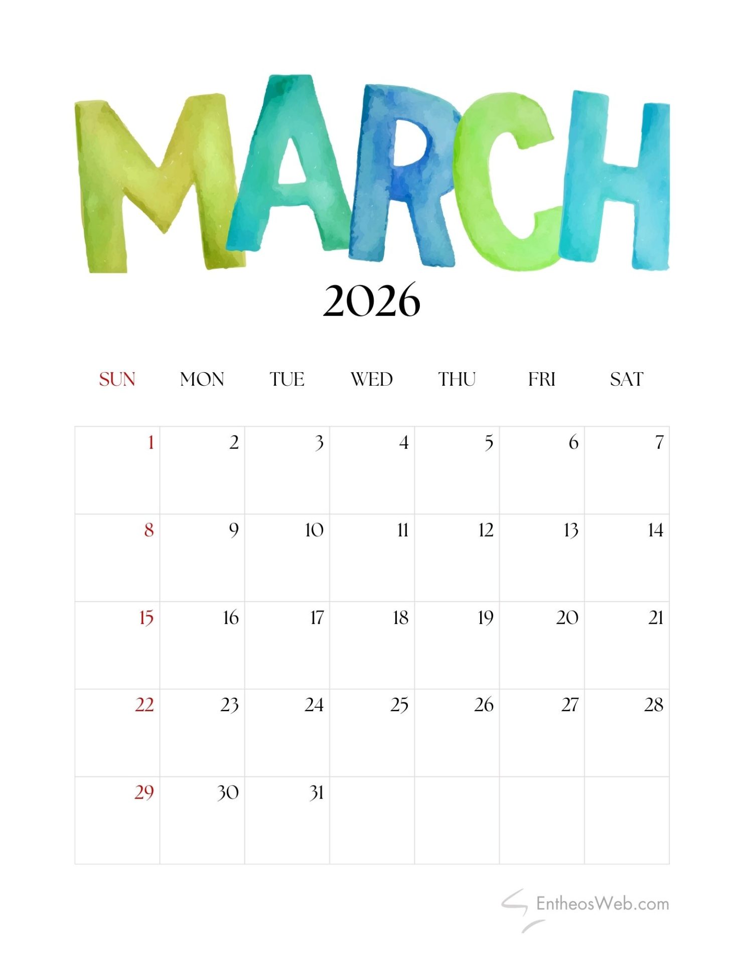 March Printable Calendar | EntheosWeb