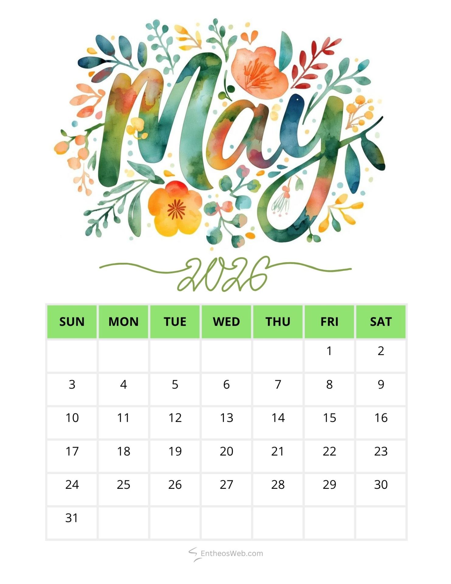 May 2026 Calendar Printables | EntheosWeb
