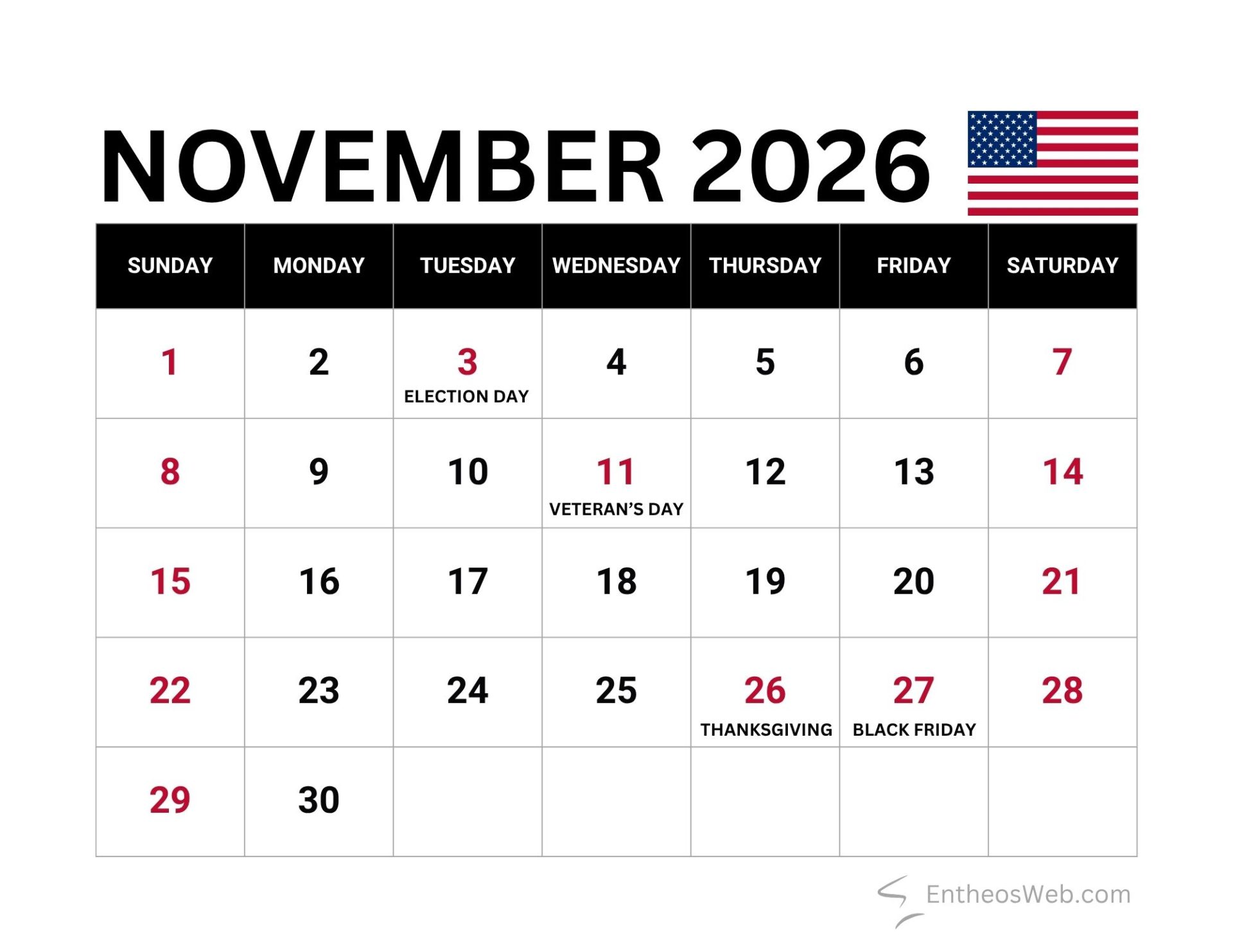 2026 Printable Calendar with Holidays and Observances (Full Year ...