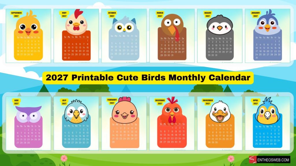 2027 Printable Cute Birds Monthly Calendar | EntheosWeb